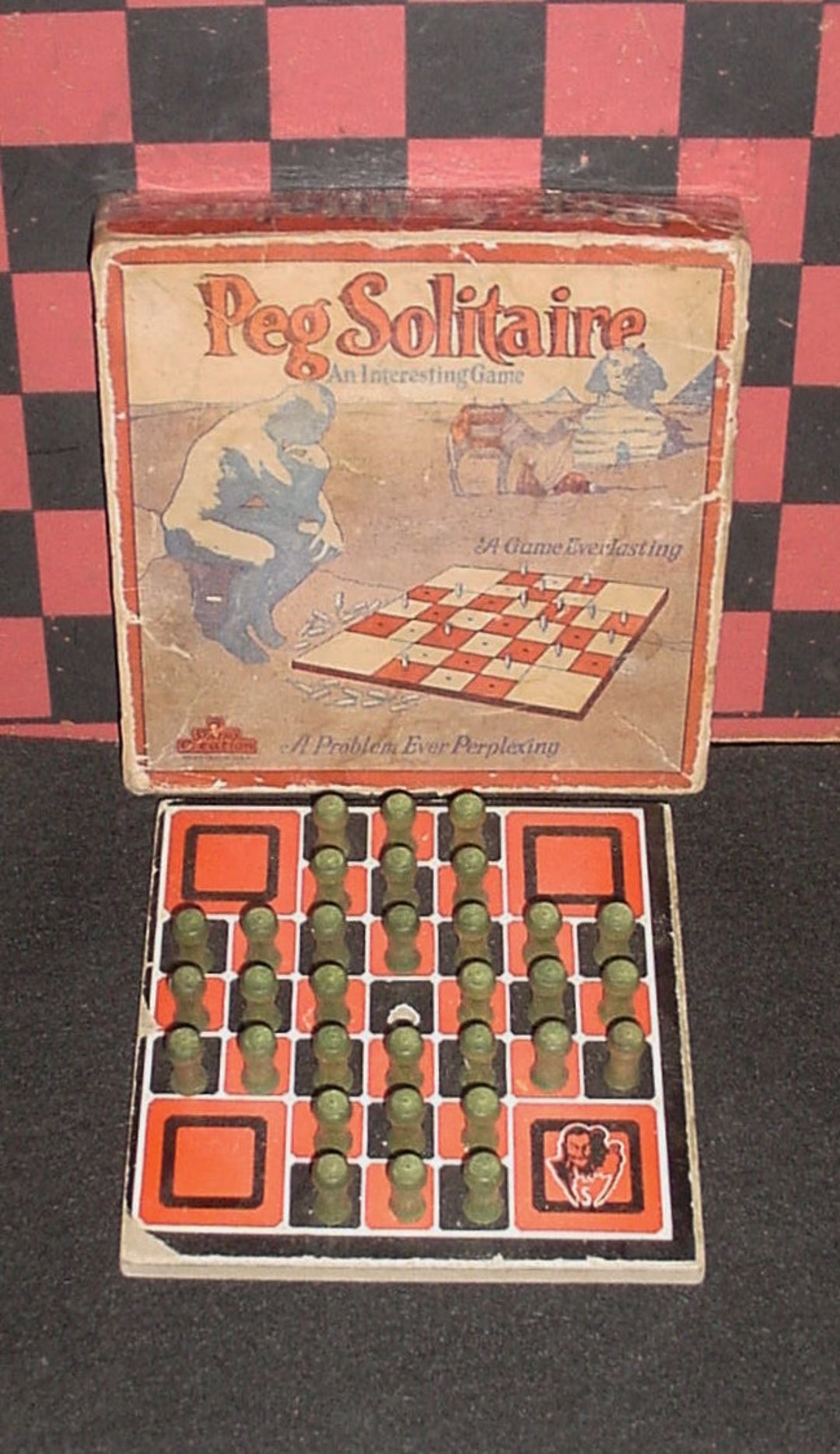 Antique PEG SOLITAIRE GAME W Turned Wood Playing Pieces,retro Graphics ...