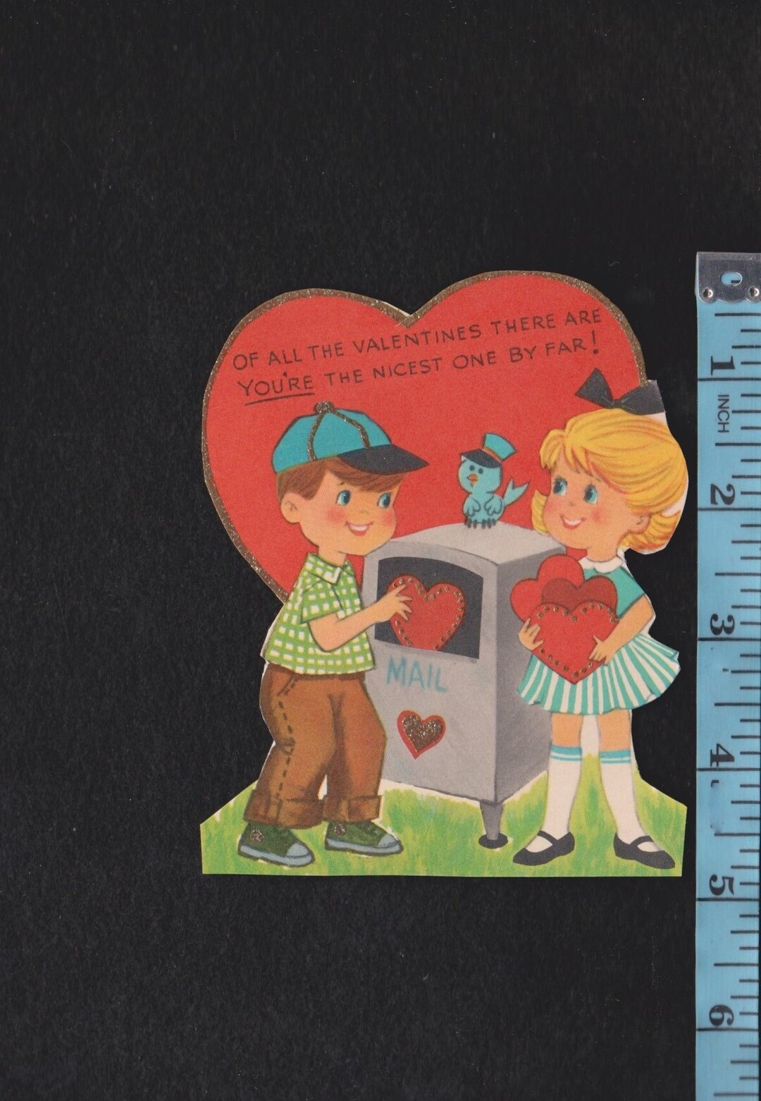Vintage Glittered Card Boy & Girl Mail Valentine Hearts in MAILBOX as ...