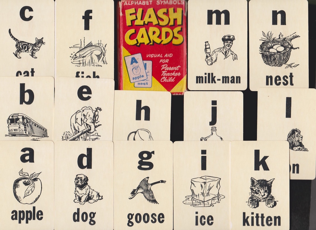 Vintage ALPHABET FLASH CARDS Words,illustrations,lower & Upper Case ...