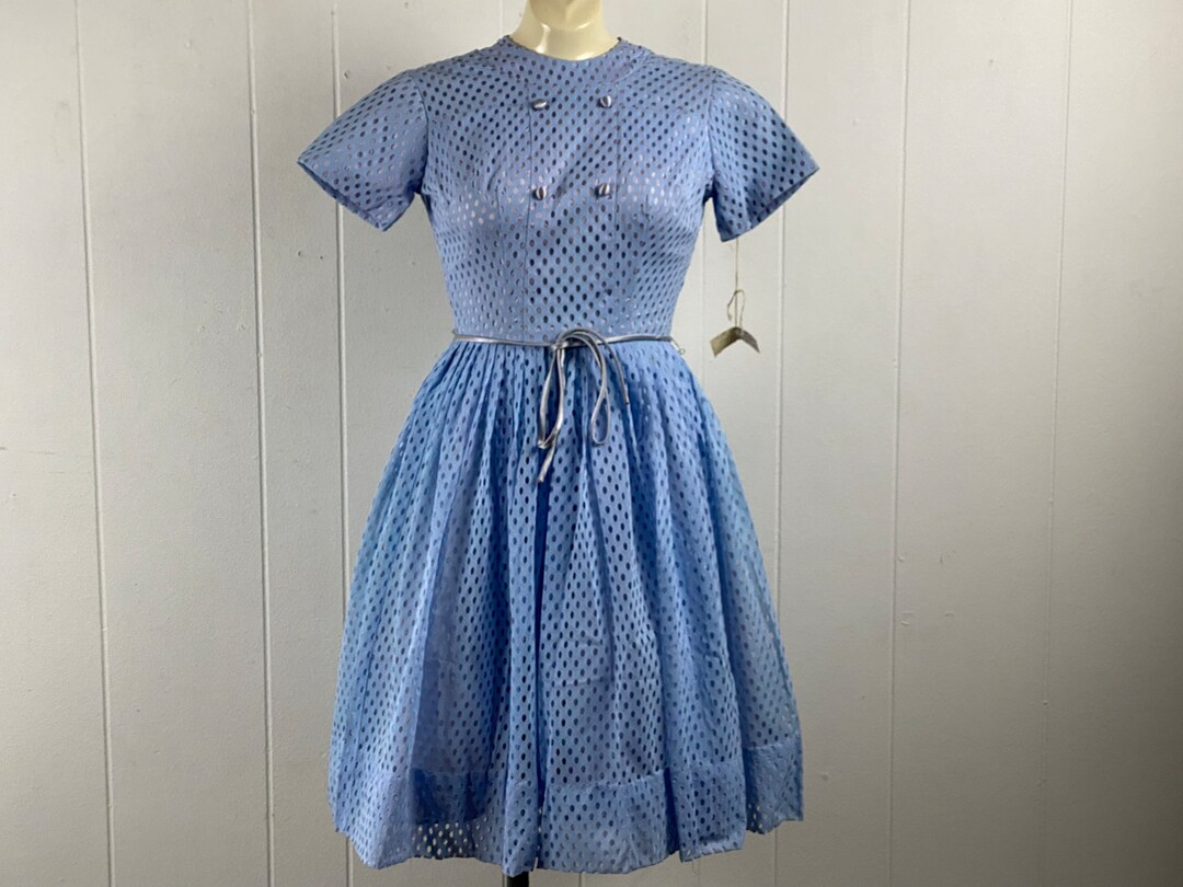 Vintage Dress, 1950s Dress, Perforated Dress, Blue Pale Lilac Dress ...