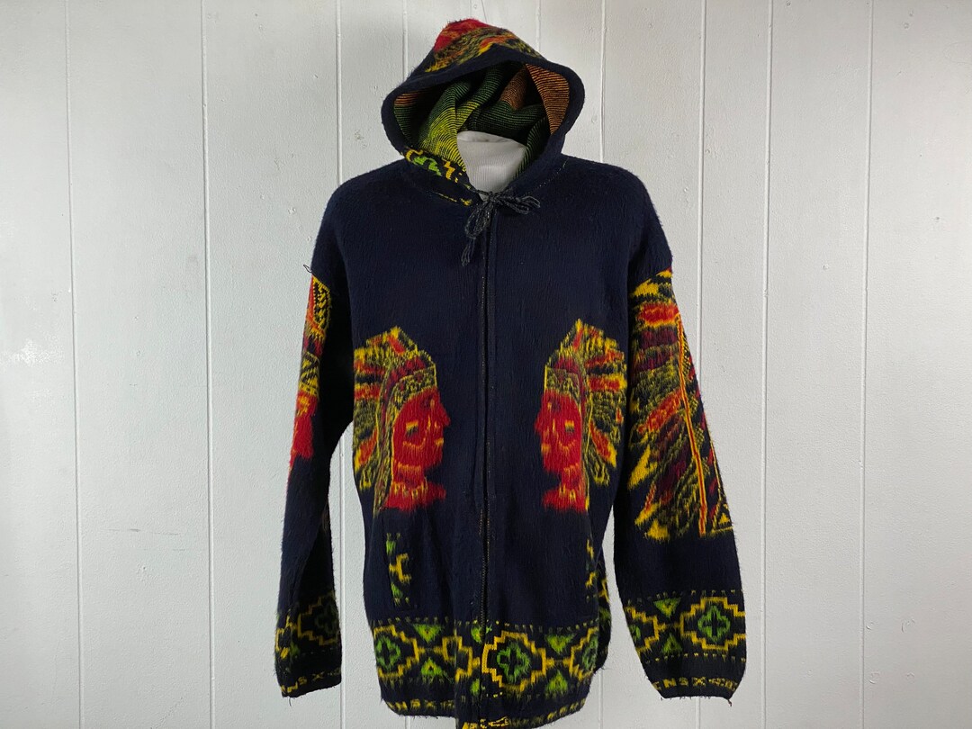 Vintage Sweater, Size Large, Hooded Sweater, Indian Sweater, Chiefs ...