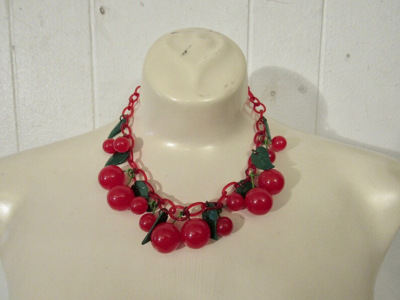 Vintage Necklace, Cherry Red Bakelite Necklace, Cherries and Leaves ...