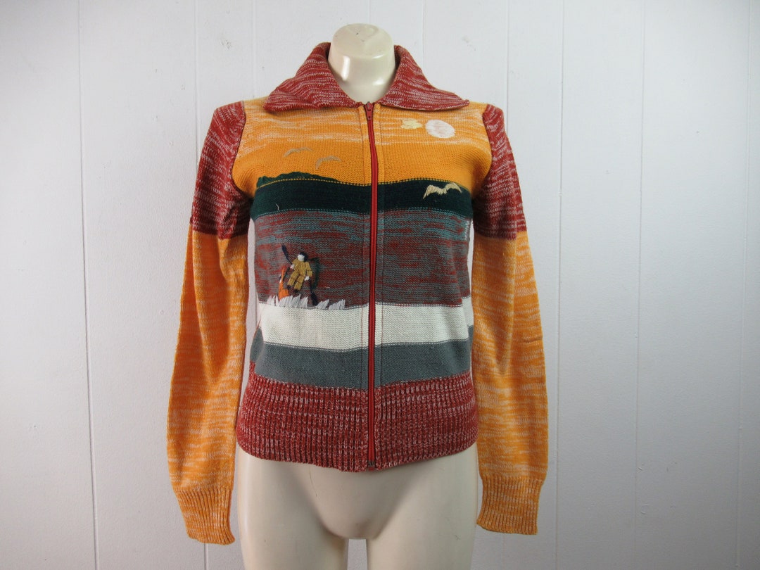 Vintage Sweater, Scenic Sweater, Color Block Sweater, Embroidered ...