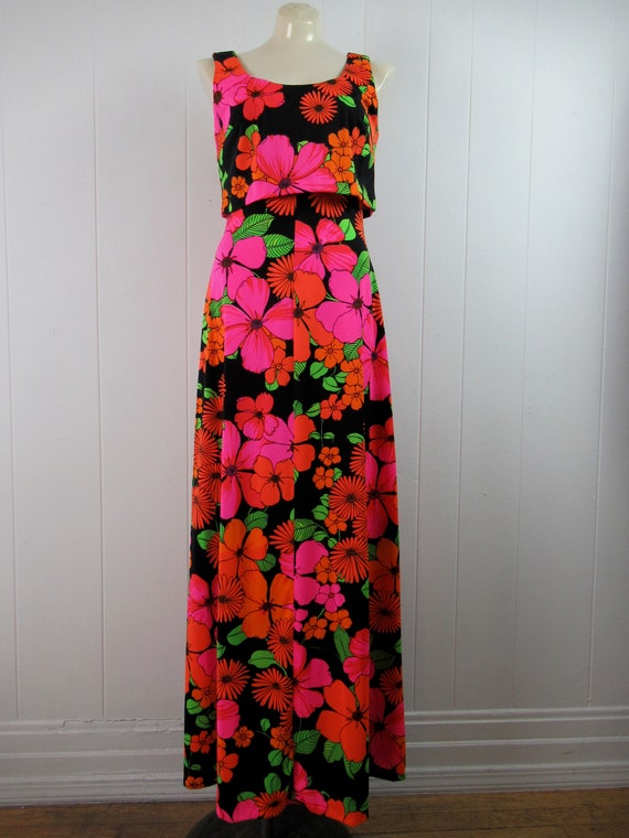 Vintage dress, 1960s dress, neon pink dress, floral d… - Gem