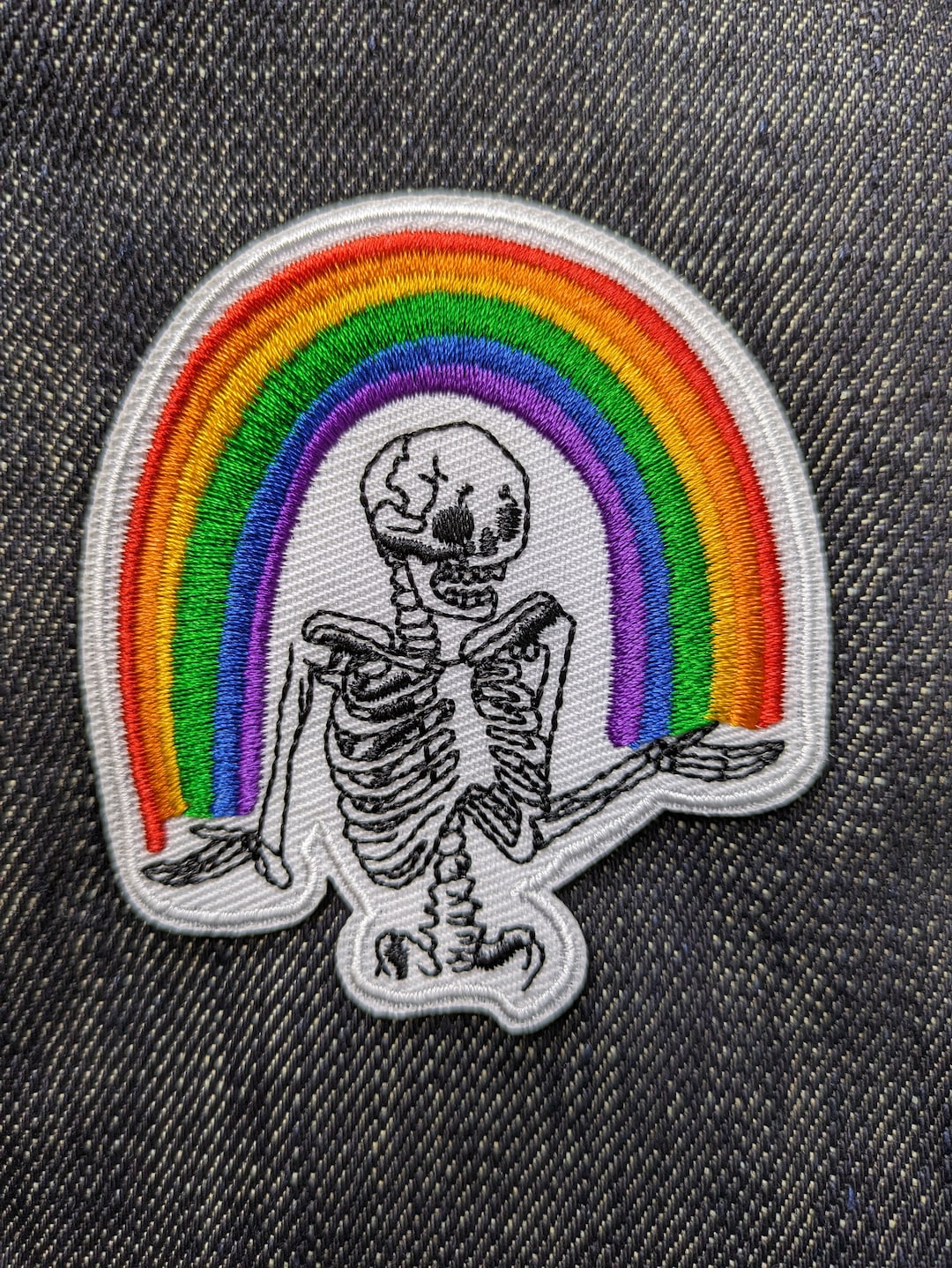 Skeleton Embroidered Patch - Rainbow Patch - Skeleton Patch - Rainbow - Happy - Jean Jacket ...