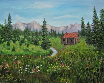 Log cabin painting | Etsy