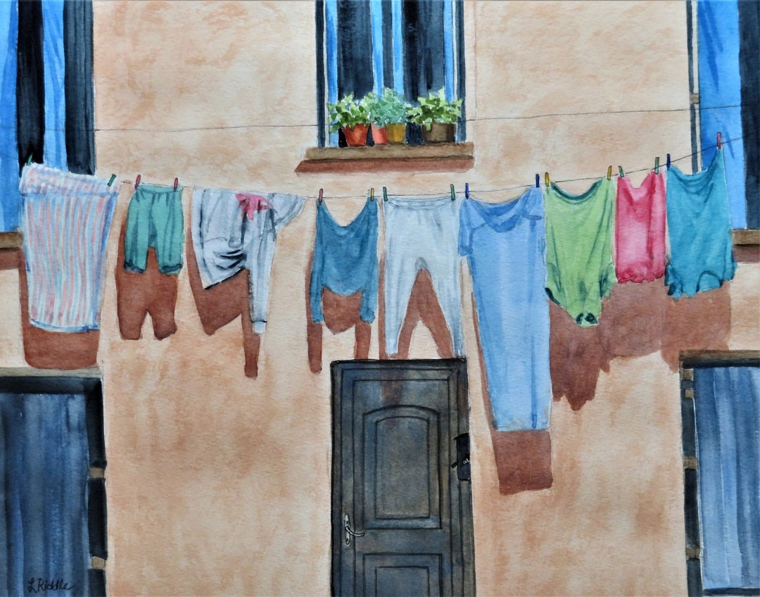 Laundry Day 11x16 Watercolor Original, European Art, Colorful ...