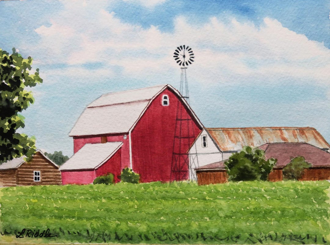 Red Barn & Windmill Watercolor Painting: Farm Landscape Art (6x8) - Etsy