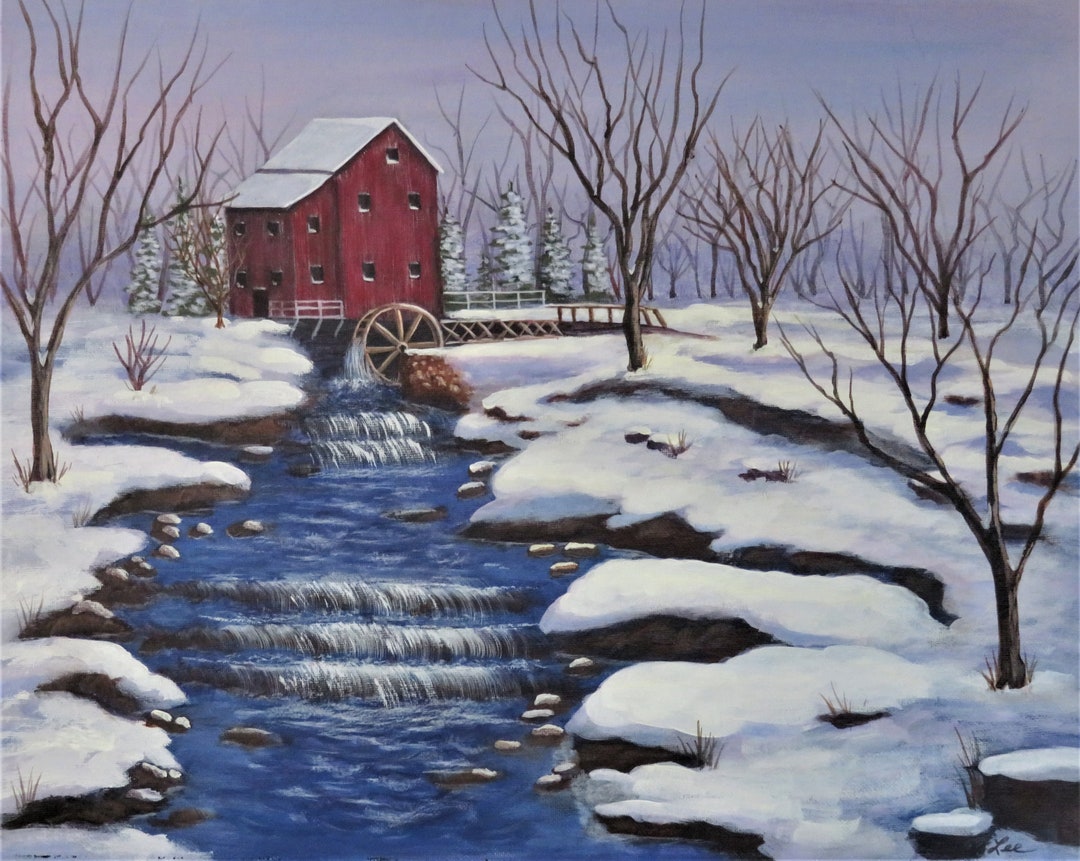 Mill in Winter 16x20 Acrylic Original, Red Mill, Snow Scene, Winter ...