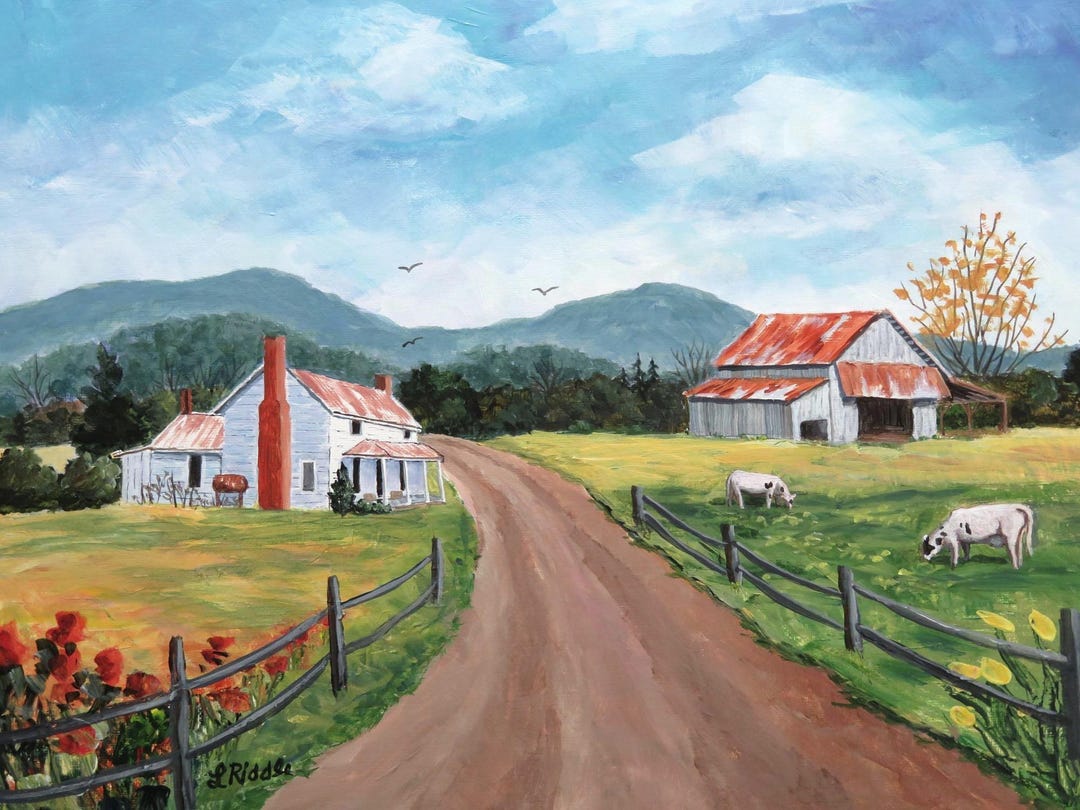 Farm Landscape Acrylic Original: Barn and Cows - Farmhouse - Hand ...