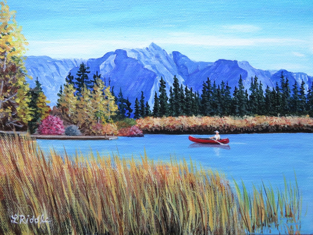 Red Canoe Lake Painting, Mountain Landscape, Original Acrylic Art (8x10 ...