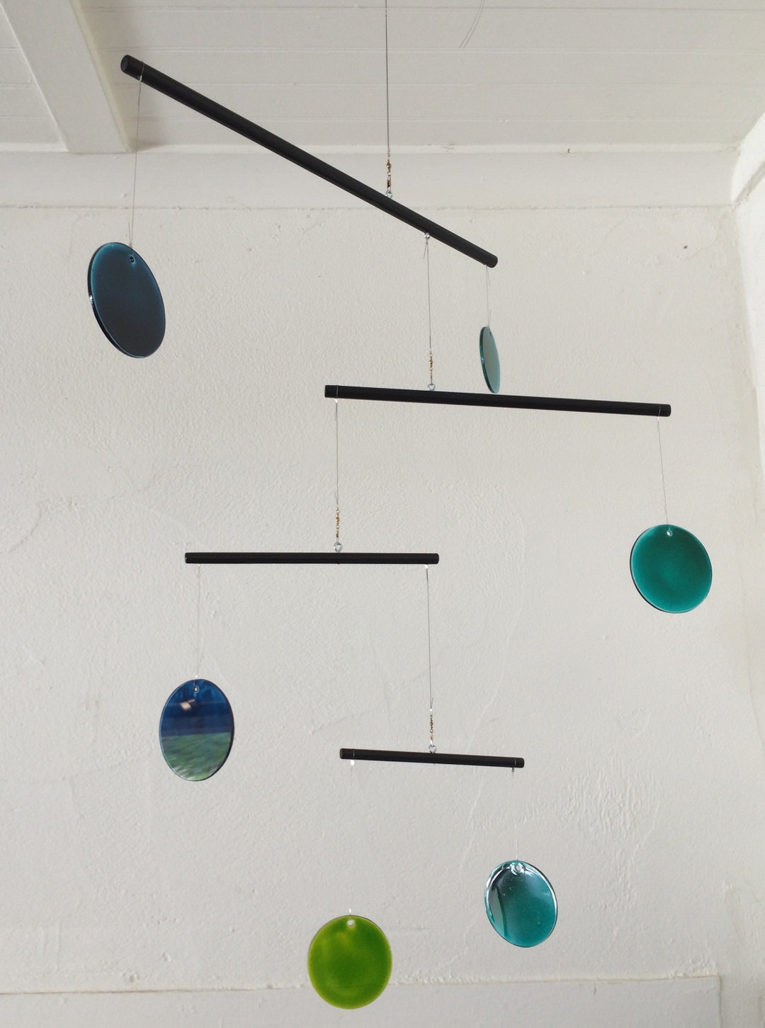 KINETIC MOBILE Shades of Blue glass or Acrylic Blues, Apple Green ...