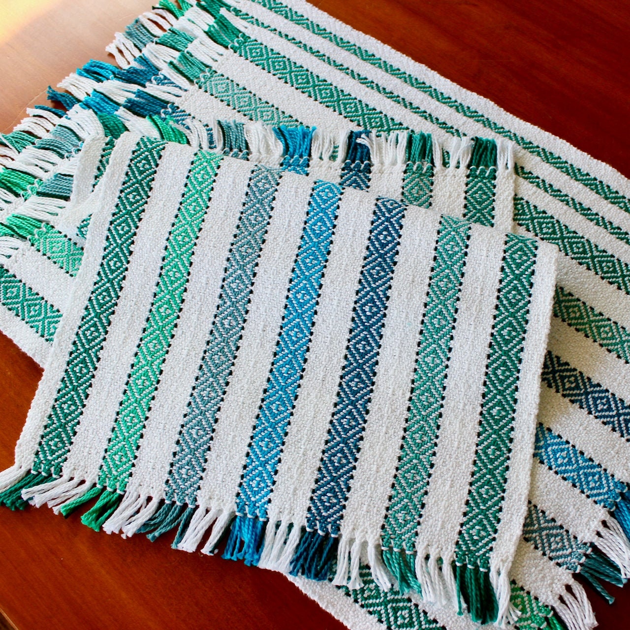 Handwoven Placemats Hand Woven Set of 4 Blue Green Turquoise White ...