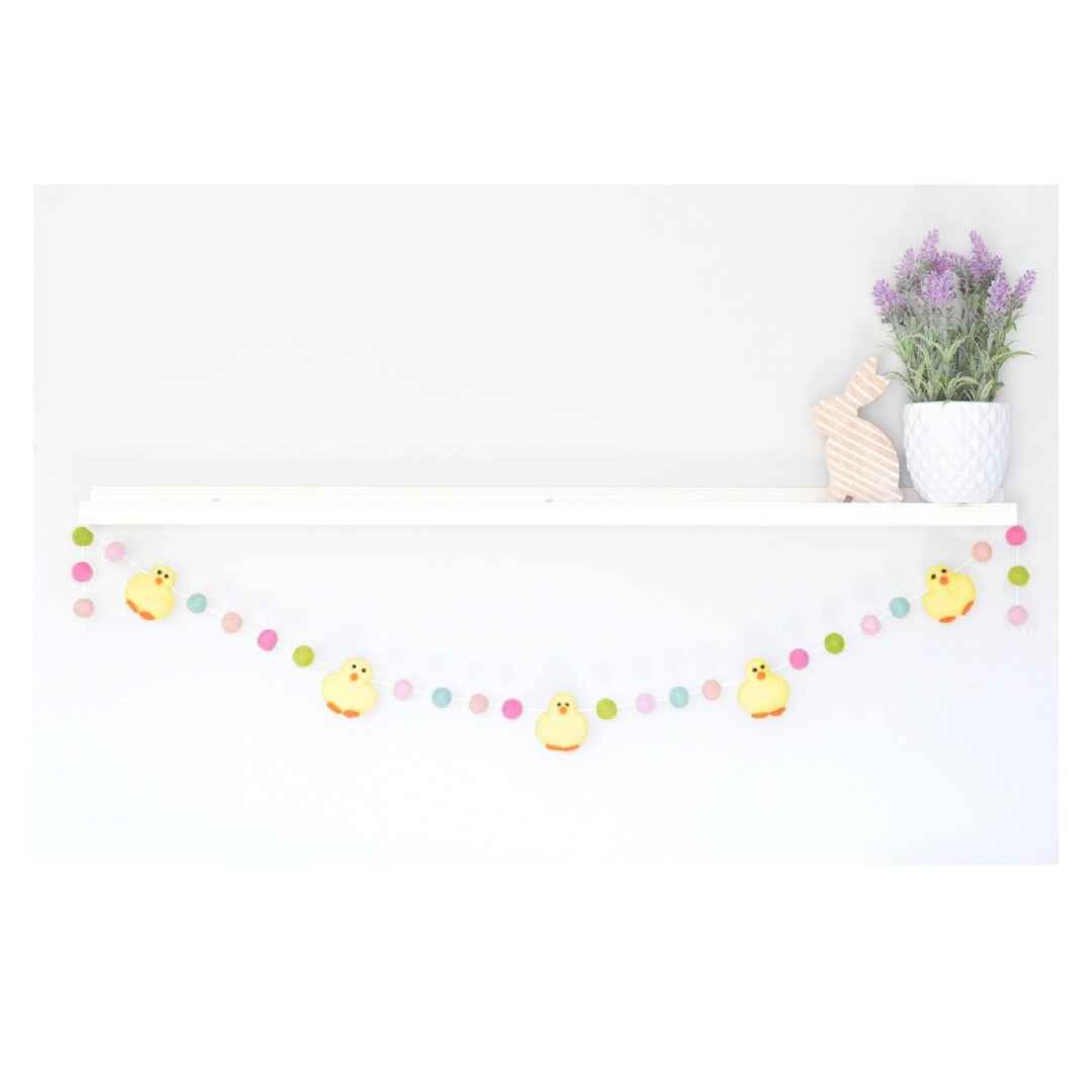Felt Chick Garland - Easter Decoration - Pink, Aqua, Green Wool Pom ...