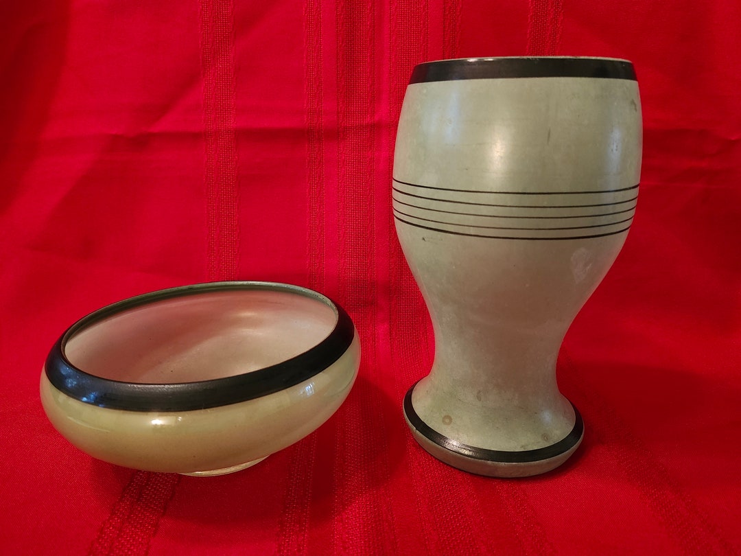 Art Deco Green and Black Flashed Glass Vase & Bowl, 8" and 3" Tall ...