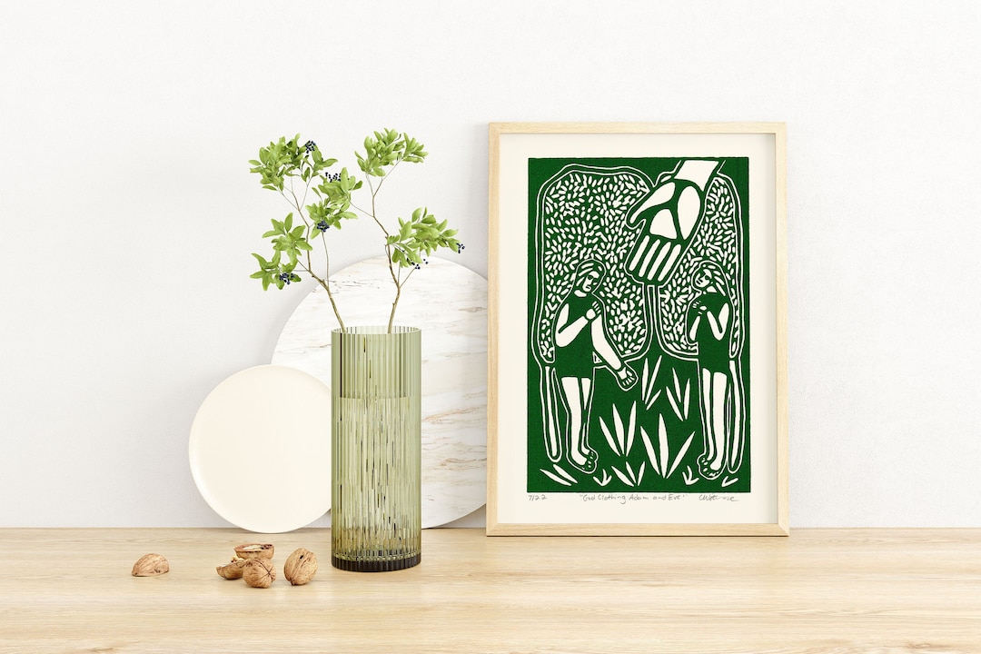 Limited Edition Block Print of God Clothing Adam and Eve, Linocut in ...