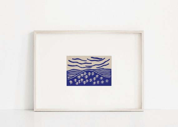 Block Print Tiny Landscape Art Cloud Print Minimalist | Etsy