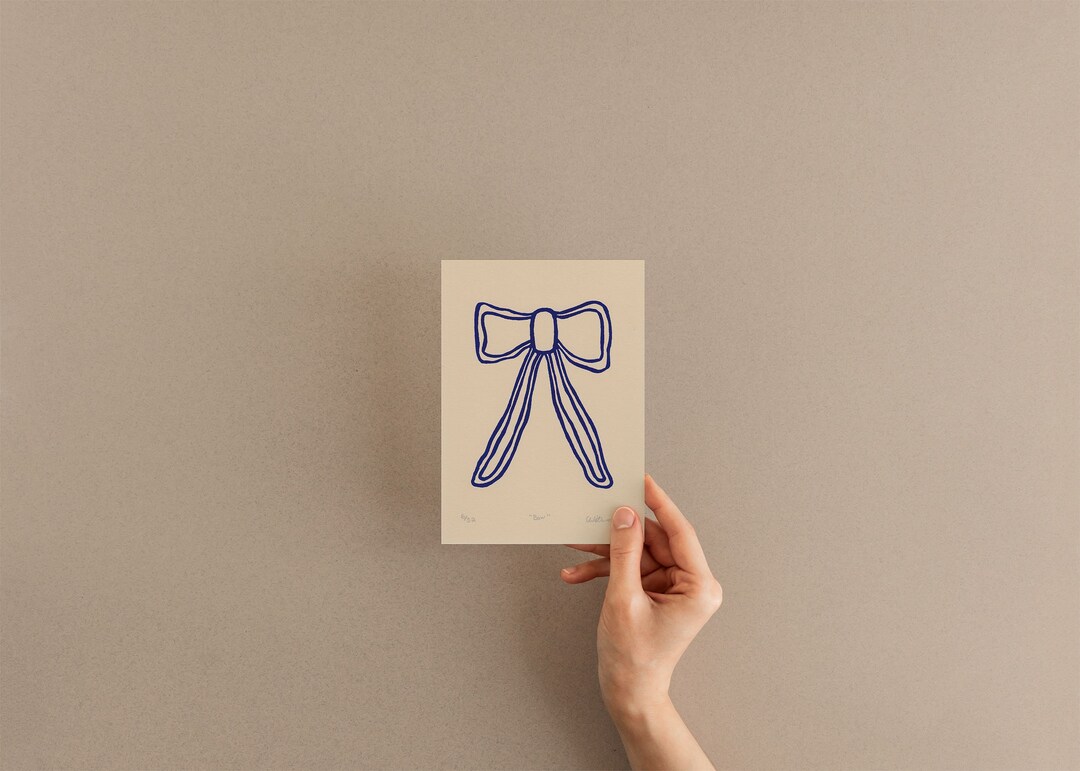 Bow Art Print, Linocut, Limited Edition Block Print, Blue Bow Art, 5x7 ...