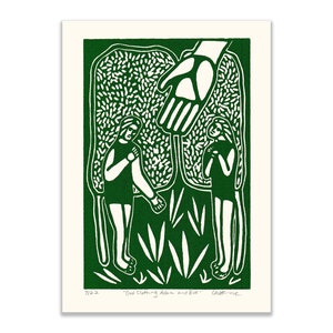 Limited Edition Block Print of God Clothing Adam and Eve, Linocut in ...