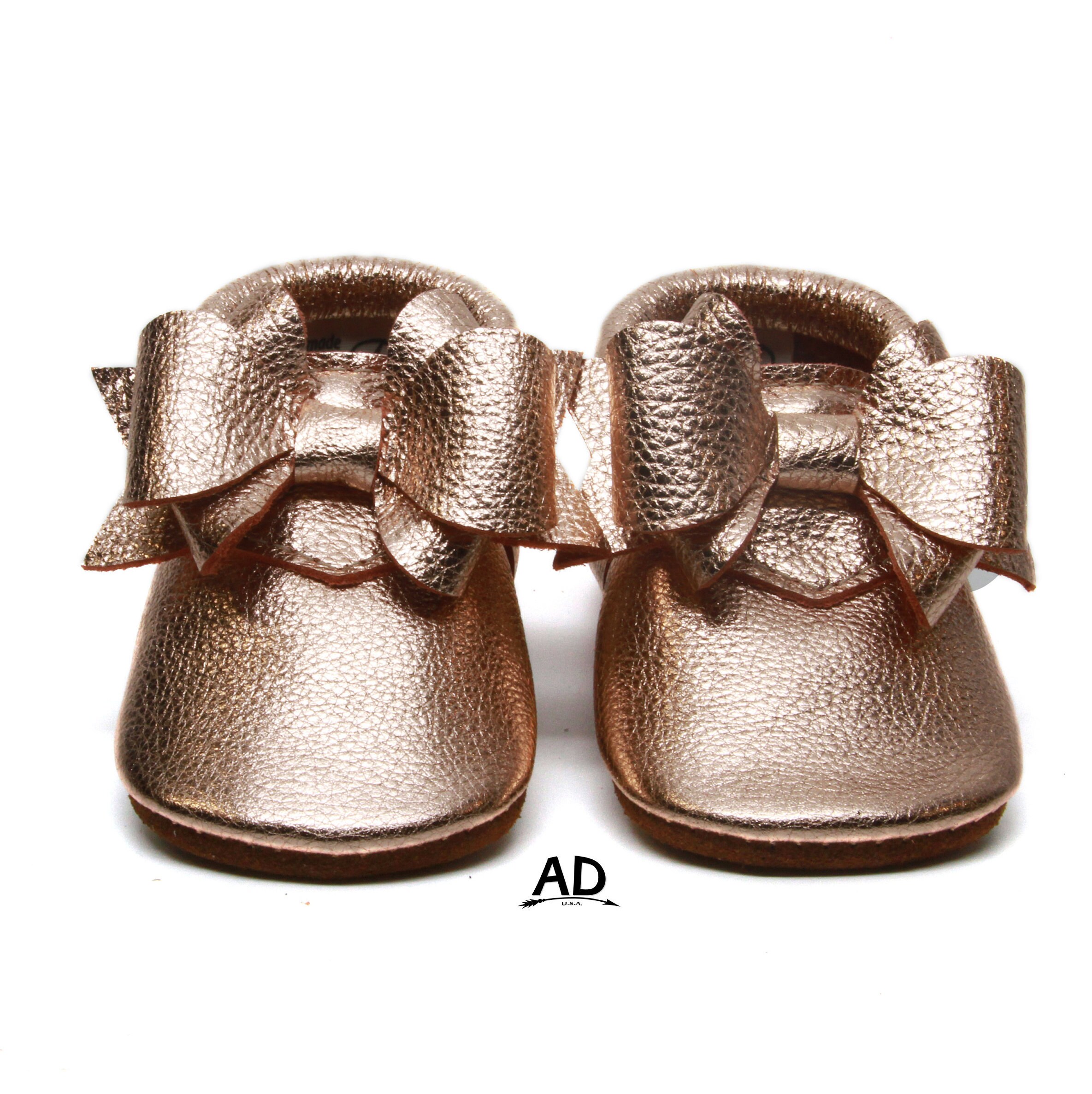 Perfect Bow Rose Gold Leather Baby Moccasins Baby Girl Moccasins Suede ...