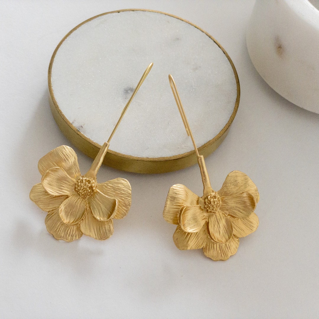 Big Flower Earrings Matte Gold Earrings Statement Earrings - Etsy