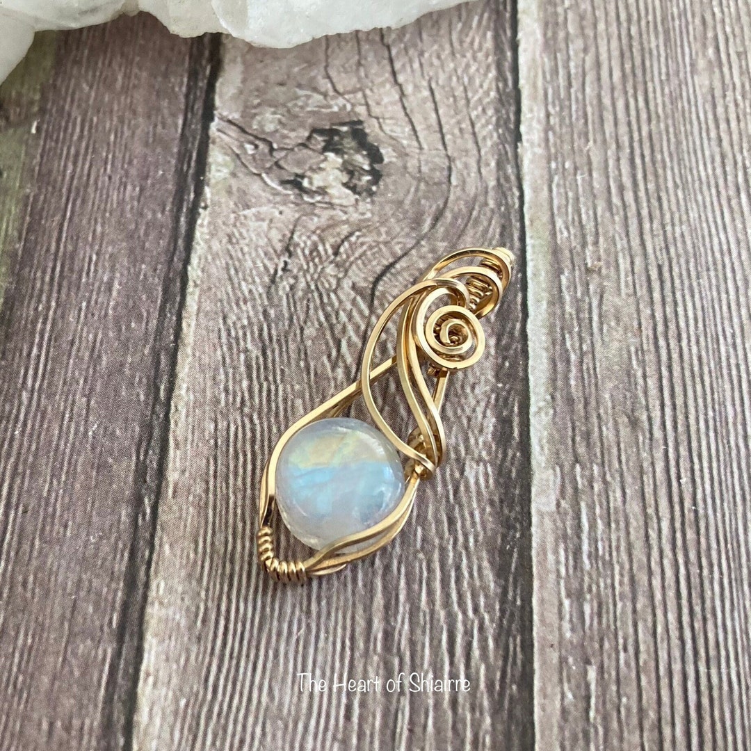 14K Gold Rainbow Moonstone Wire Wrap Pendant. Intuition. Divine ...