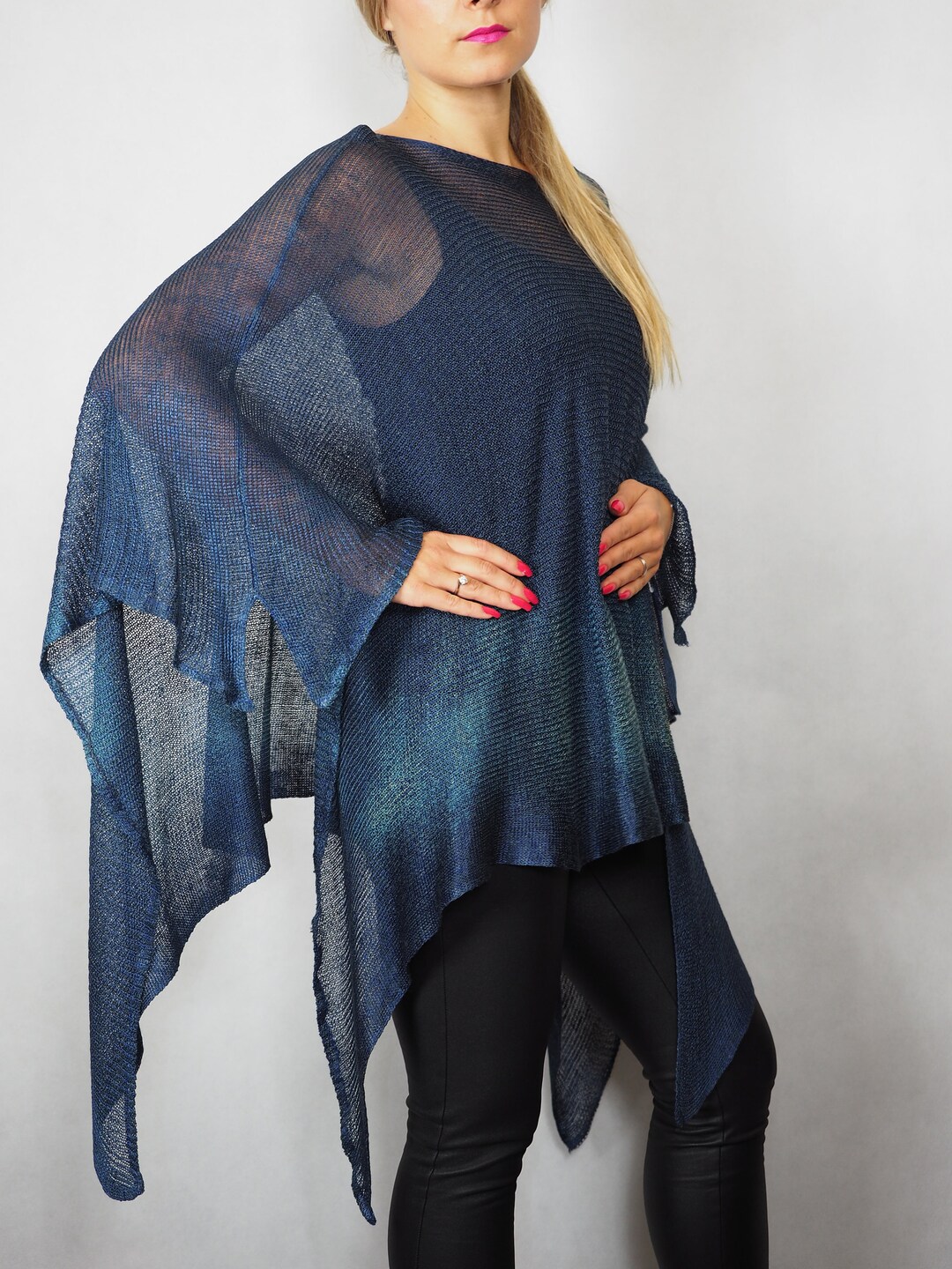 Navy Blue Knitted Linen Poncho, Knitted Linen Poncho, Exclusive Women's ...