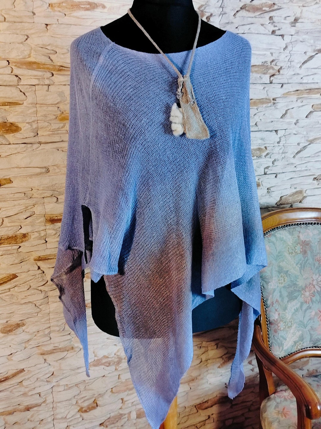 Light Blue Poncho, Hand-painted. Linen Poncho, European Linen, Knitted ...