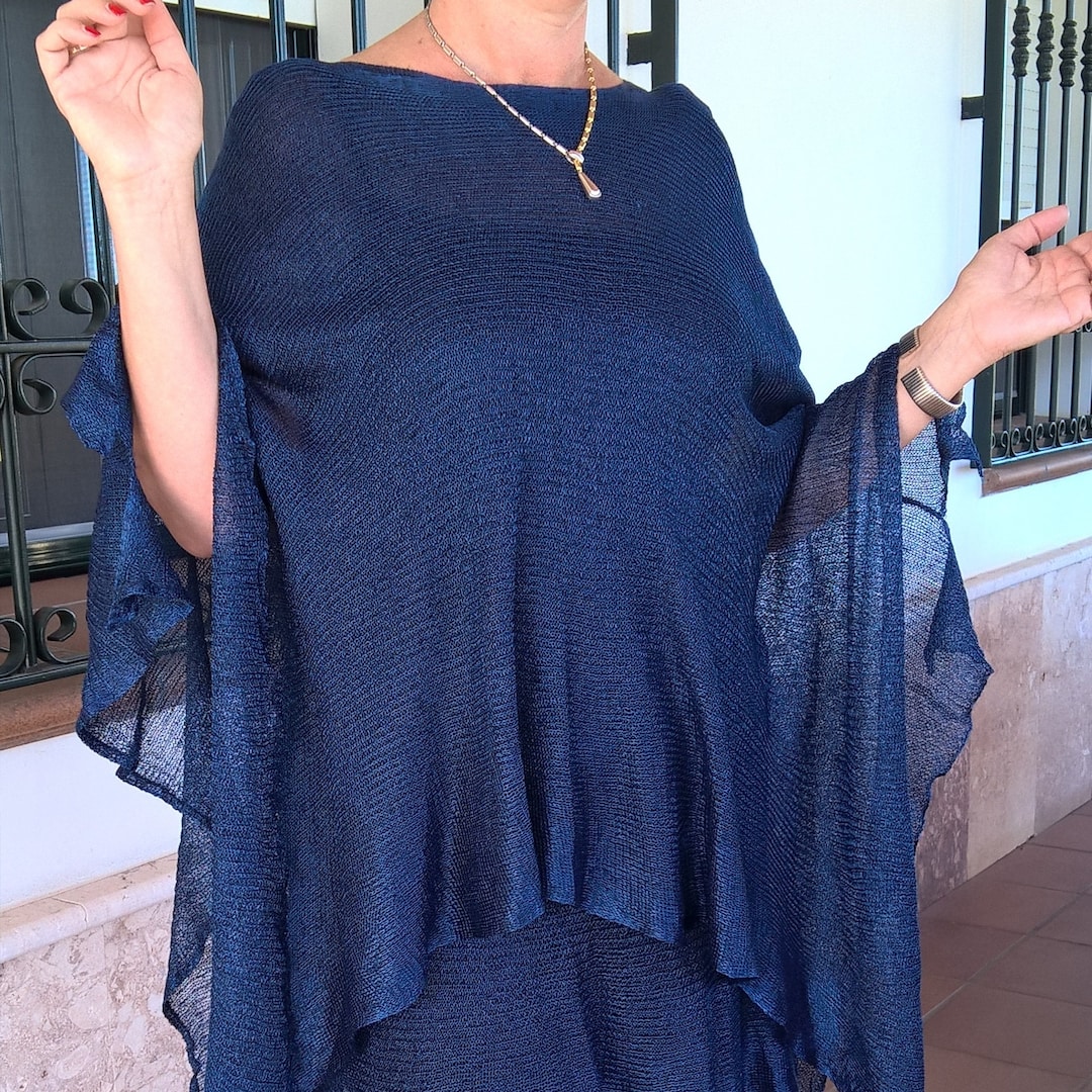 Navy Blue Linen Tunic Top and Poncho for Women Fashion. Plus Size Loose ...