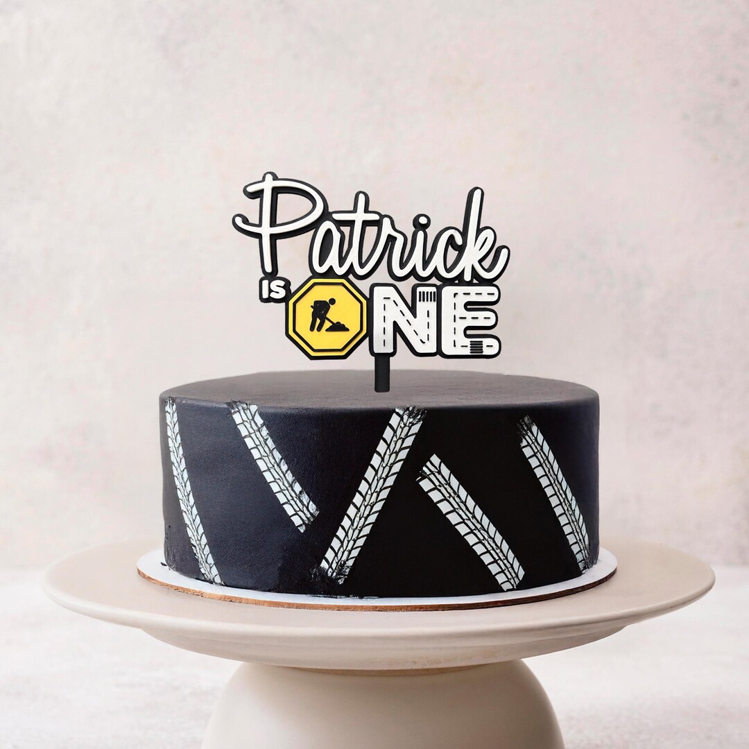 Construction 1st Birthday Cake Topper • Custom Name Cake Topper • Black ...