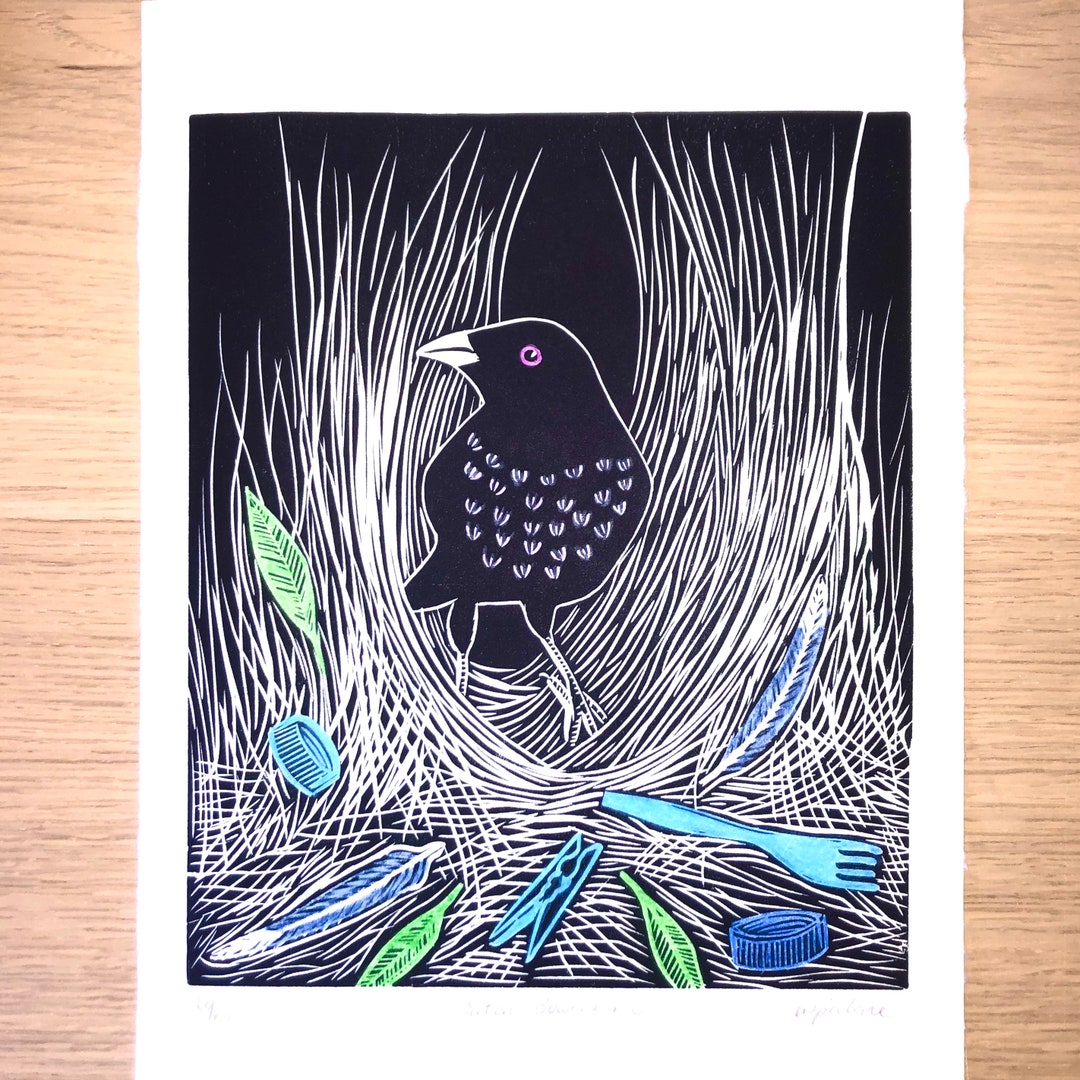 Satin Bowerbird Linocut Print: Australian Bird Art, Hand-signed ...