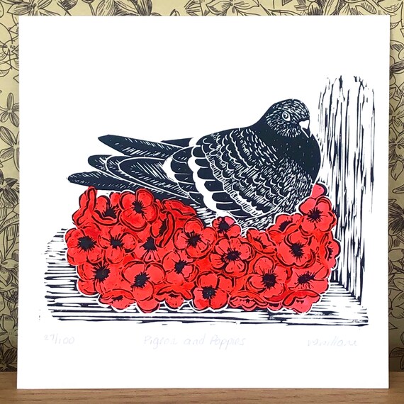 Pigeon and Poppies Linocut Print / Bird Print / Patriotic Bird | Etsy