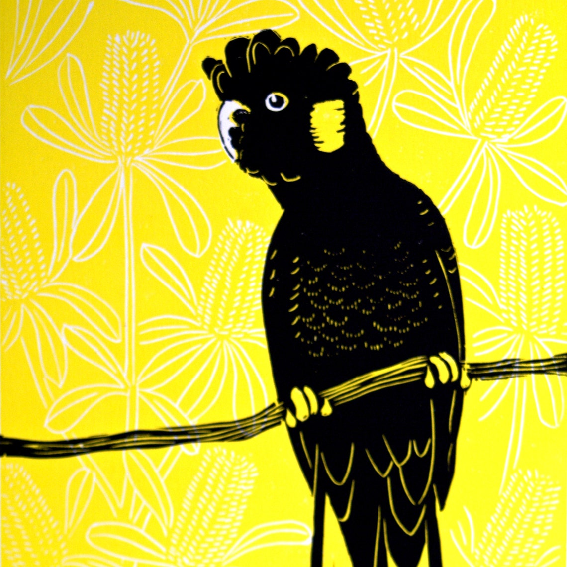Cockatoo Lino Cut Print / Cocky Bird Print / Yellow Tailed | Etsy Australia