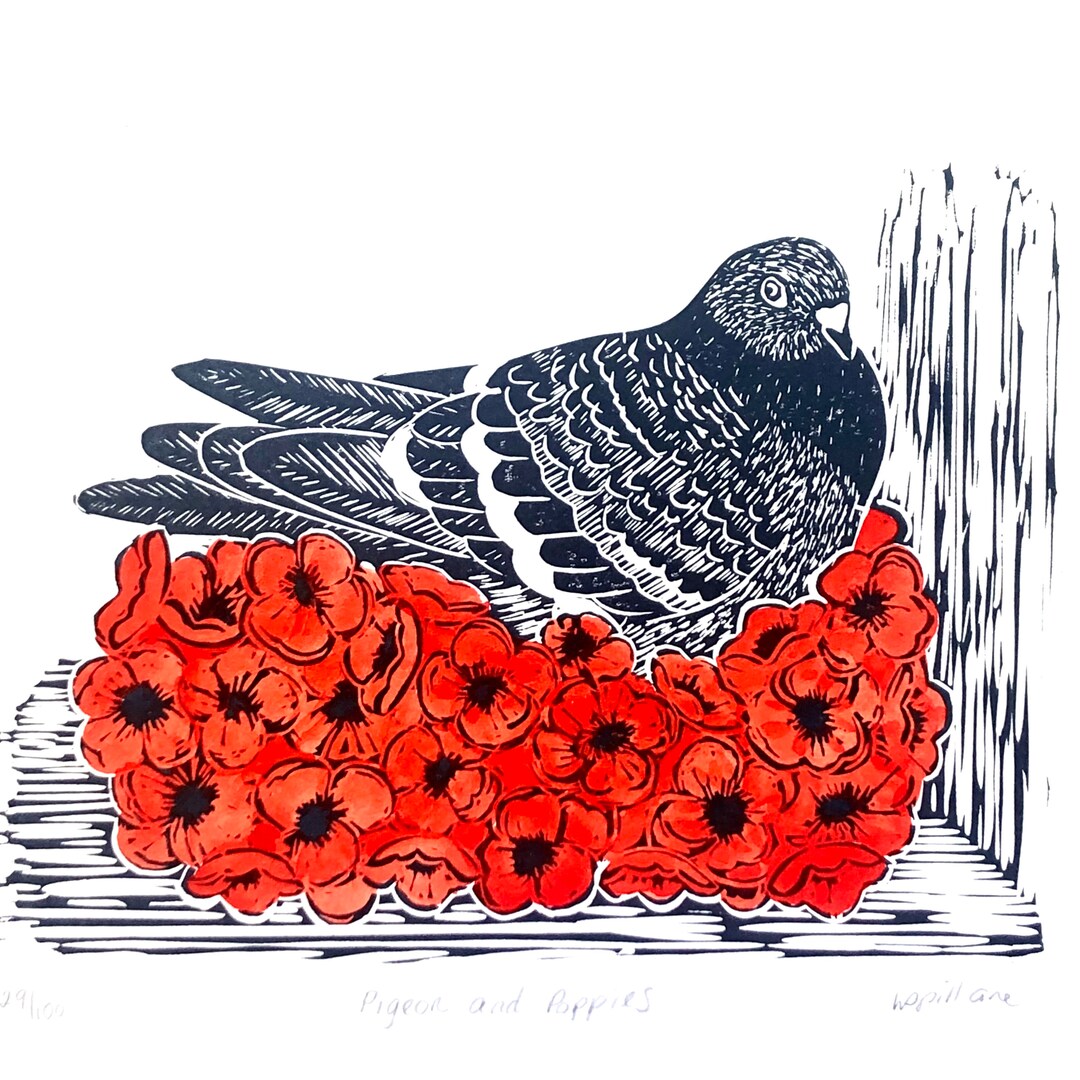 Pigeon and Poppies Linocut Print / Bird Print / Patriotic Bird ...