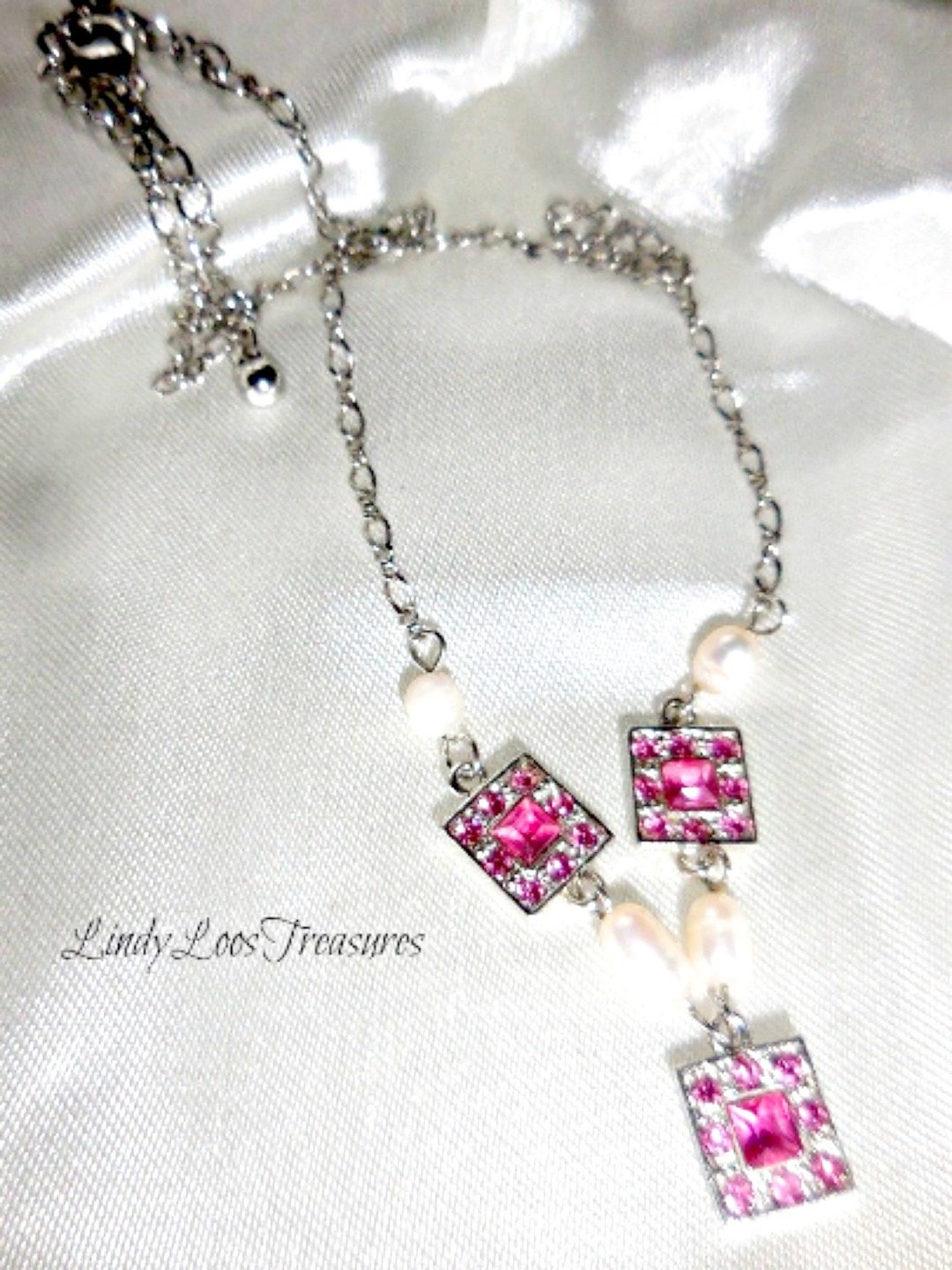 Dainty Fine Silver Tone Chain With Freshwater Pearls and Pink Crystal ...