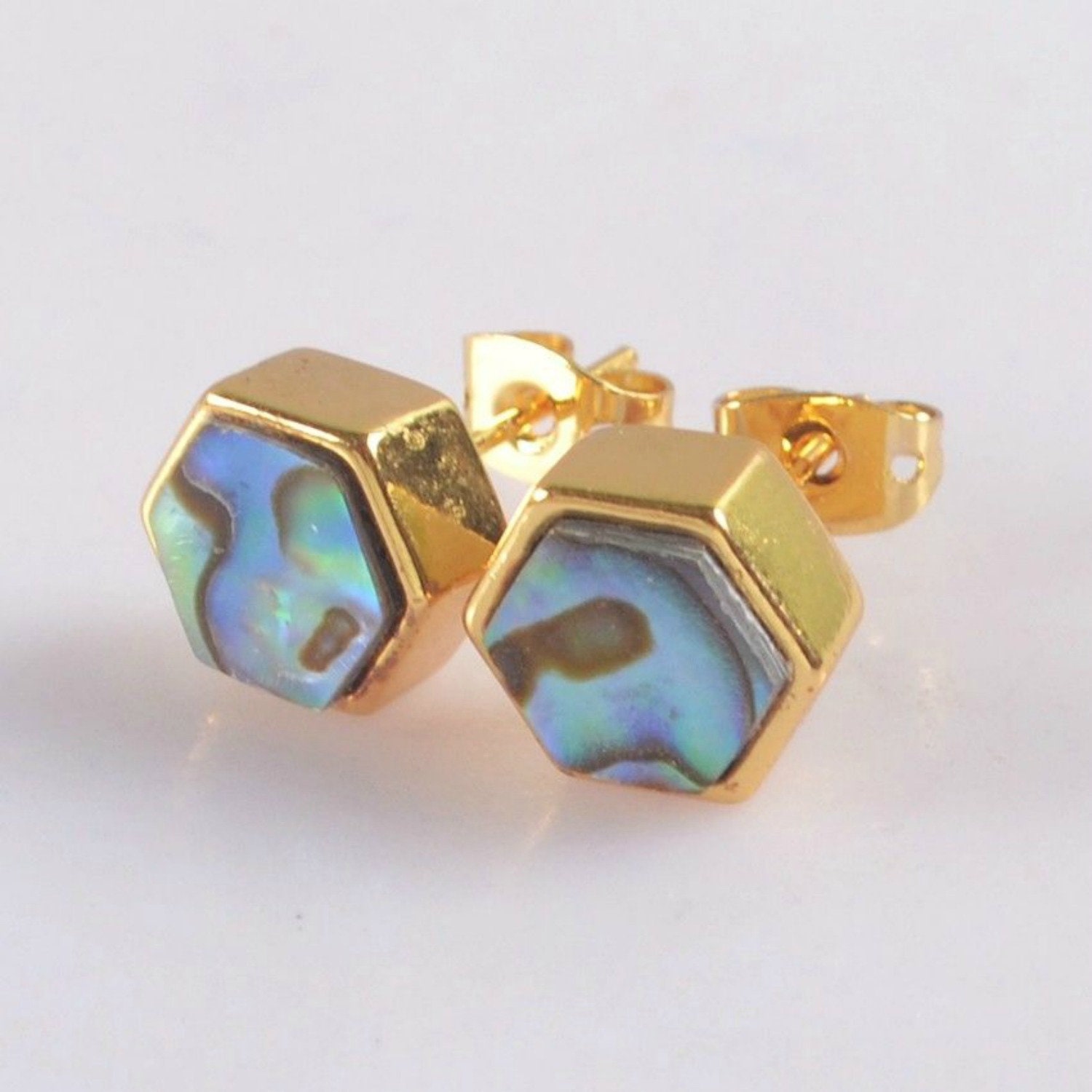 Hexagon Abalone Shell Stud Earrings Gold Hexagon Stud - Etsy