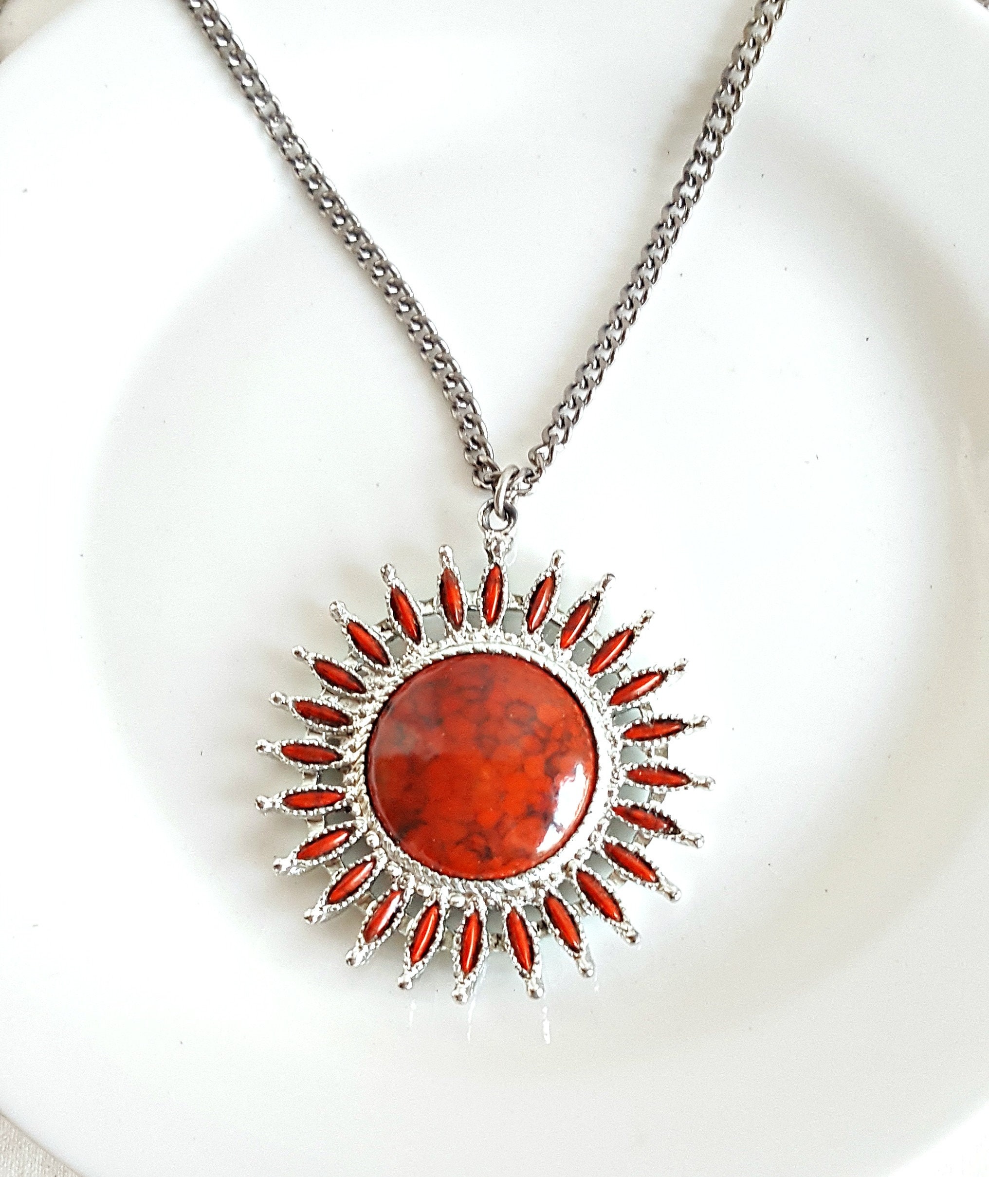 Stunning Silver Coral Sun Pendant Red Coral Pendant Silver | Etsy