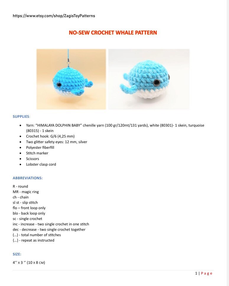 Whale Crochet Pattern No-sew Amigurumi Toy Ocean Animal Instant Digital ...