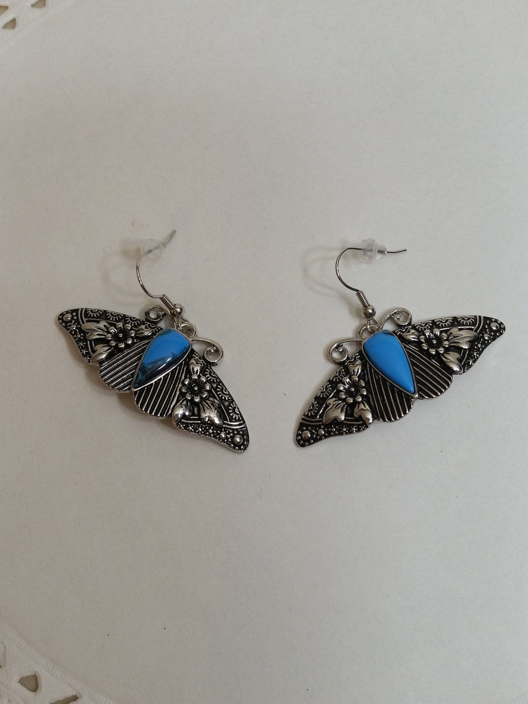 Blue & Black Stone Moth Dangling Pierced Earrings, Nickel Free Wires - Etsy