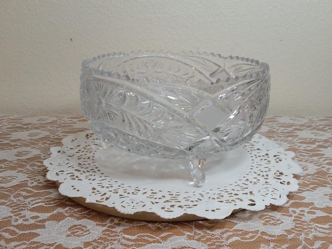 Clear 3 Footed Crystal Bowl With Flower Pattern, Frosted Shapes, Ans a ...