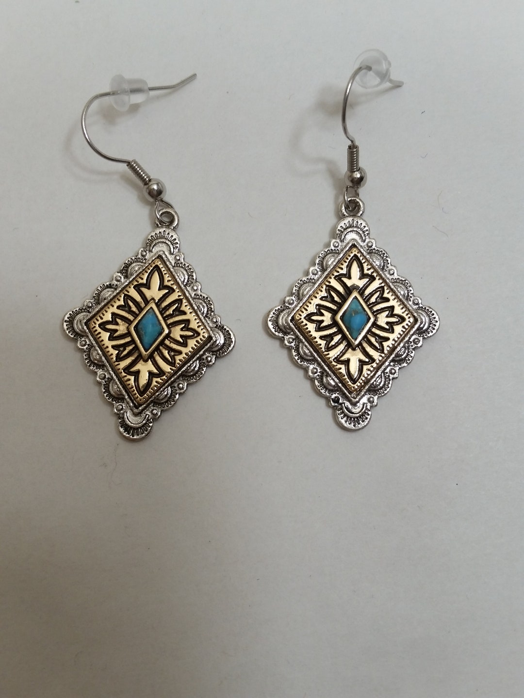 Western Style Diamond Shaped Dangle Pierced Earrings, Nickel Free Wires ...