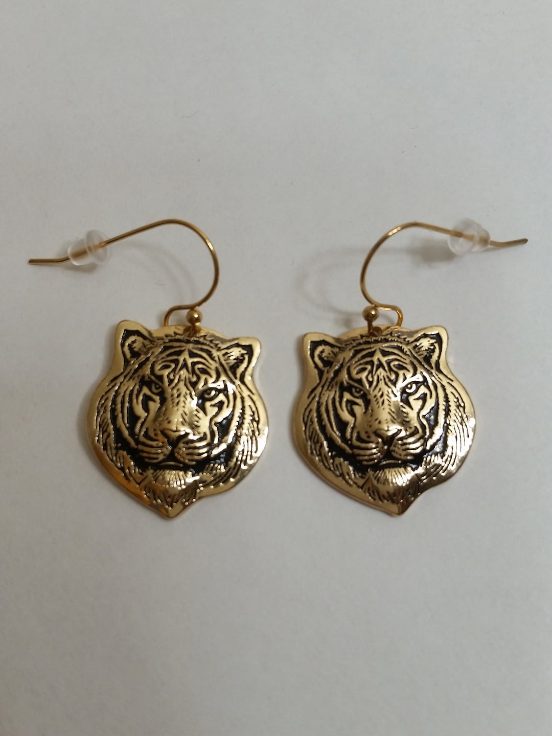 Goldtone and Black Metal Tiger Head Dangling Pierced Earrings With 18kt ...