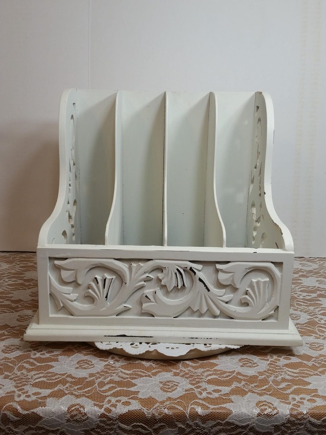 White Desk 4 Section Divided Organizer With Distressed Paint Look, Read ...