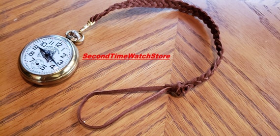 Brown Leather Braided Pocket Watch Strap Belt Loop to Gold | Etsy