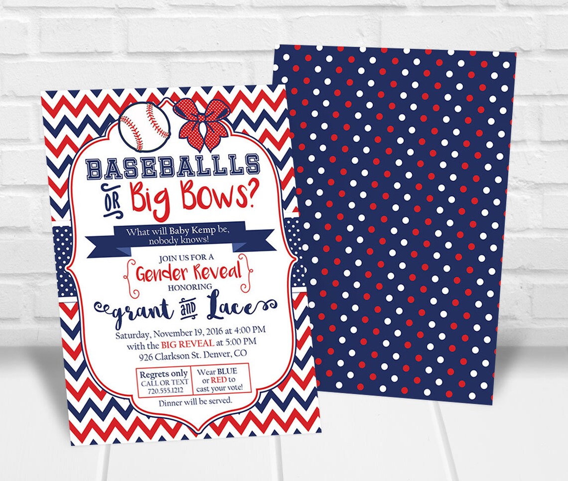 Gender Reveal Invitation Baseball, Baseballs or Bows Gender Reveal ...