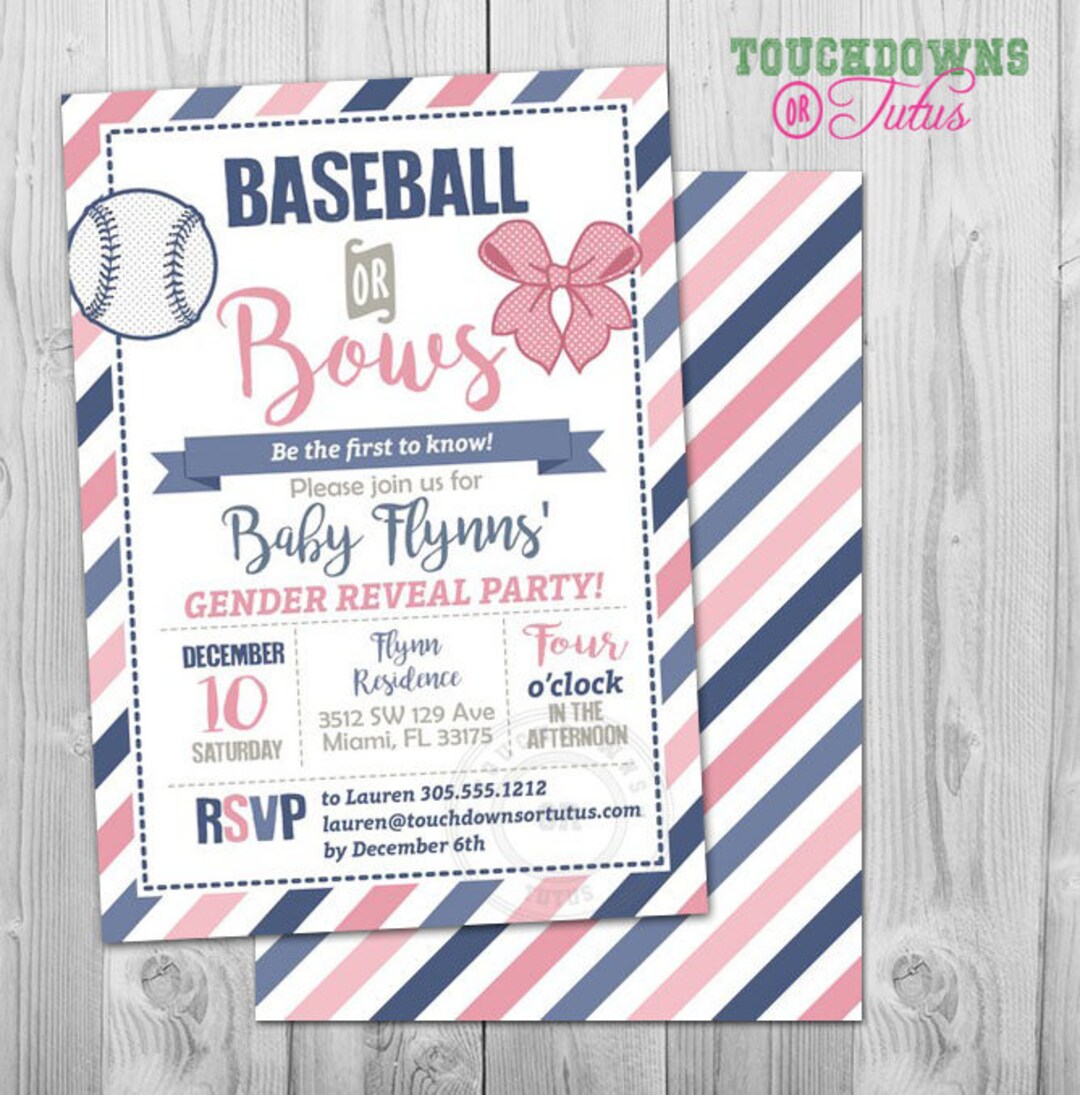 Gender Reveal Invitations Baseball or Bows, Gender Reveal Invites ...