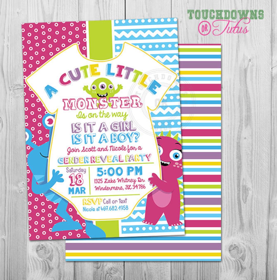Baby Shower Reveal, Monster Gender Reveal Party Invitation, Little ...