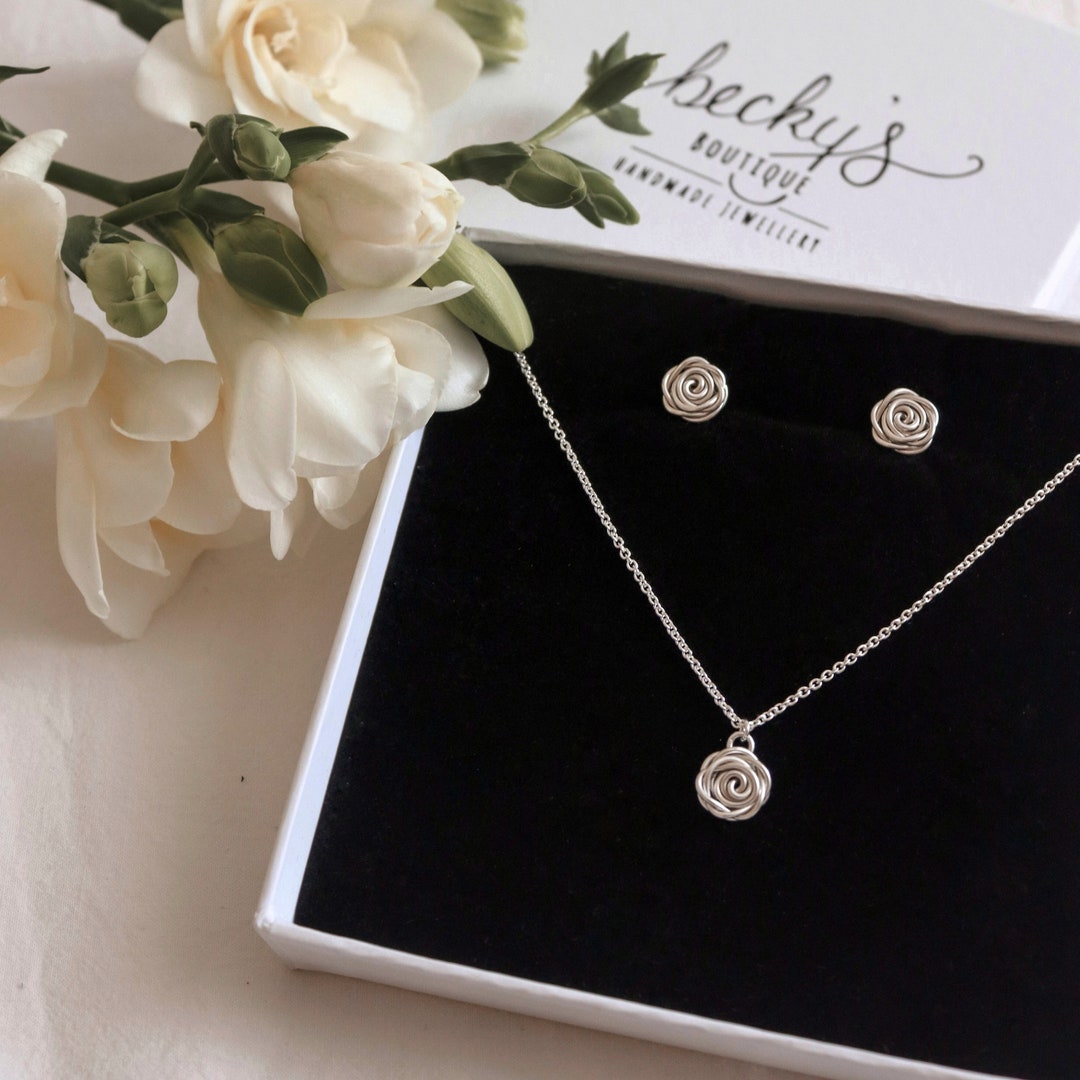 Sterling Silver Rose Jewellery Set: Necklace & Earrings - Etsy