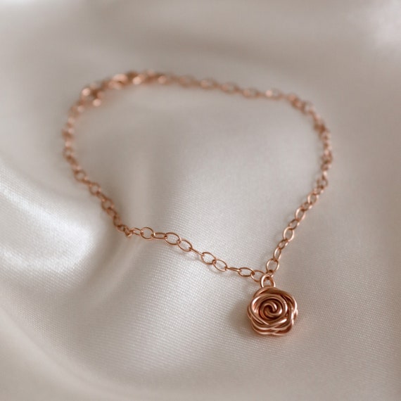 Rose Gold Bracelet Flower Bracelet Feminine Rose Bracelet Rose Gold Charm Bracelet Anniversary Gift Bridesmaid Gift Wedding Jewellery Etsy
