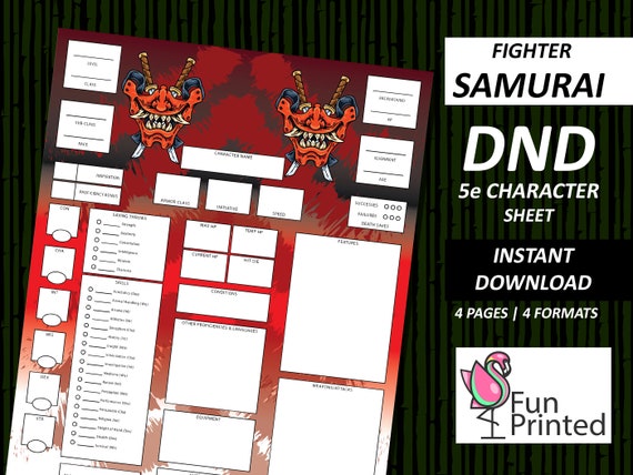 Dnd Character Sheet 5e Fighter Samurai Dungeons and Dragons - Etsy